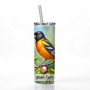 Personalized Custom Name Text Oriole In Tree Bird Watercolor Skinny Tumbler 20oz with Straw Insulated Water Bottle Gift - 1 Line Horizontal