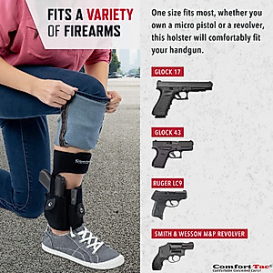 ComfortTac Ankle Holster with Calf Strap and Spare Magazine Pouch for Concealed Carry - One Size Fits Most - Compatible w/Glock 19, 26, 36, 42, 43, S&W Shield, Bodyguard 380, Ruger LCP, LC9, and More
