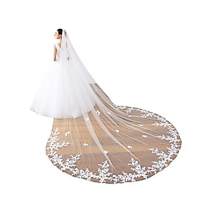 ELAWBTY 1 Tier Floral Lace Wedding Bridal Veil For Bride 3 M White Cathedral Length