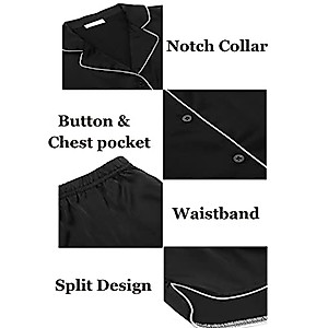 Ekouaer Womens Satin Silk Short Sleeve Button Down Top and Shorts Sleepwear Pajamas Set Black Small