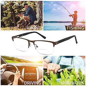 Kafirlo Bifocal Reading Glasses Men Progressive Blue Light Blocking Computer Reader No Line Half Frame Metal Wide Eyeglasses Designer Cheaters Transition Square Stylish Fashion Eyewear +2.00