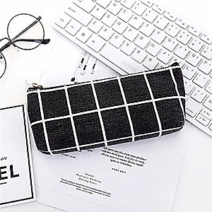 Canvas Pencil Bag, Striped Grid Pencil Case Simplicity Pen Pouch Cute Pen Bag, Solid Color Pen Box Stationery Bag School Supplies(Black)