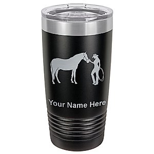 LaserGram 20oz Vacuum Insulated Tumbler Mug, Horse and Cowgirl, Personalized Engraving Included (Black)