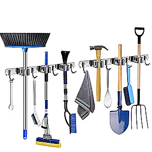 ONMIER Broom Holder Wall Mount Stainless Steel Mop and Broom Holder Wall Mounted Broom Tools Storage Organizer with 3 Racks 4 Hooks for Home Kitchen Garden Laundry Room (2 PACK)