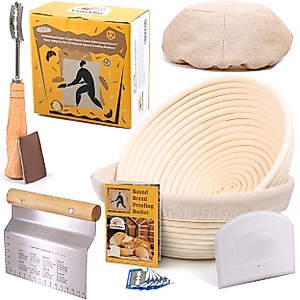 Sourdough Bread Baking Supplies Starter Kit, Banneton Proofing Basket Round 9" Set of 2, Bread Making Tools, Bread Basket Gift Set by CRISS ELITE