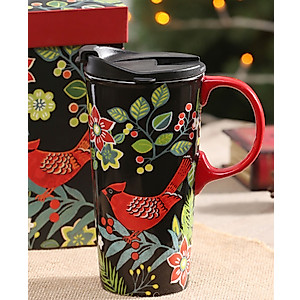 CEDAR HOME Coffee Ceramic Mug Porcelain Latte Tea Cup With Lid in Gift Box 17ounce. Cardinal Bird