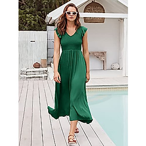 ANRABESS Women's Summer V Neck Ruffle Sleeve Midi Dress Boho Smocked Swing Long Dress with Pockets A836-yelv-L