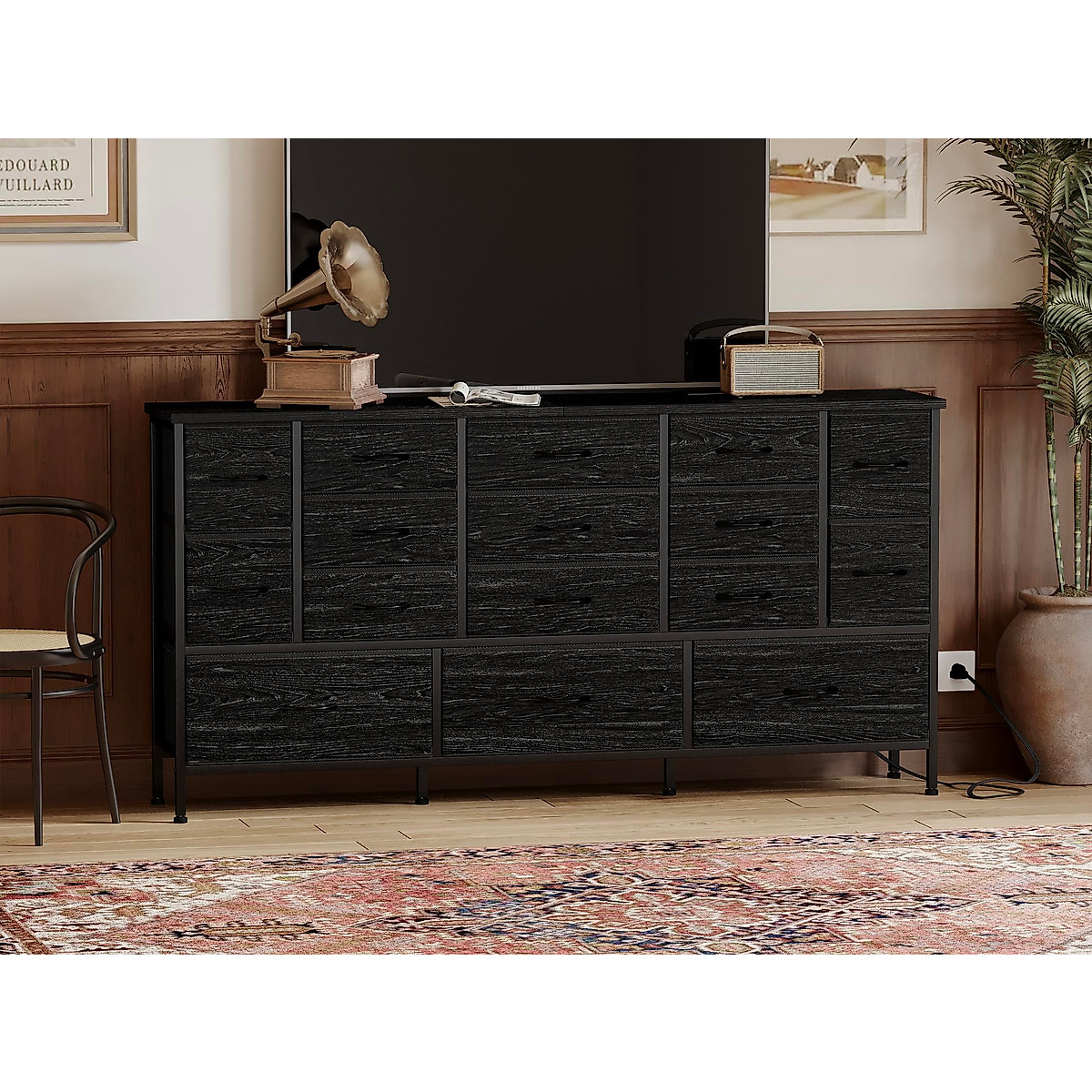Fixwal 63.3 Inch Large Black Dresser for Bedroom, 16 Drawer Dresser, Long TV Stand for 55, 65, 70 Inch TV with Power Outlets, Fabric Chest of Drawers for Bedroom, Living Room, Entryway, Black