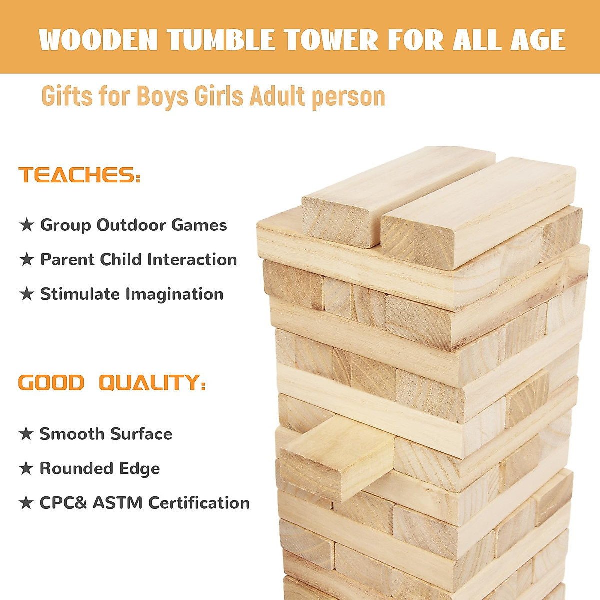 WOODENFUN Large Wooden Tumbling Tower Game, Stack to Over 18 in 57pcs Jumbo Yard Games Outdoor Timber Stacking Game Night Toy Gift for Kids Adults Family