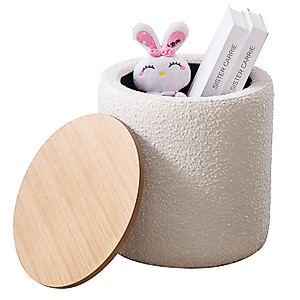ONEVOG Beige Storage Ottoman with Wooden Lid, Tufted Boucle Fabric, Round Side Table Pouf, Small Vanity Seat Stool, Storage Footstool Chair for Living Room, Bedroom
