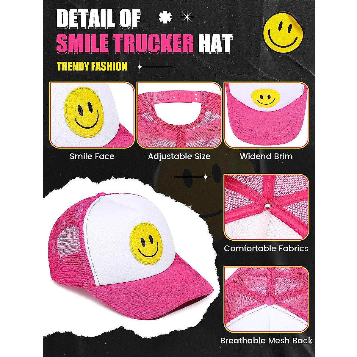 Cozypower 2 Pcs Smile Face Baseball Cap Smile Trucker Hat Mesh Adjustable Baseball Cap Retro Preppy Hats for Women(Rose Red, Black, White)