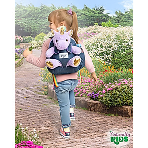 Naturally KIDS Small Unicorn Backpack - 3 - 4 Year Old Girl Gifts - Toddler Backpack for Girl Boy w Stuffed Animal - Toys for 3 Year Old Girls - w Pockets & Reflective Logo - Backpack w Purple Unicorn