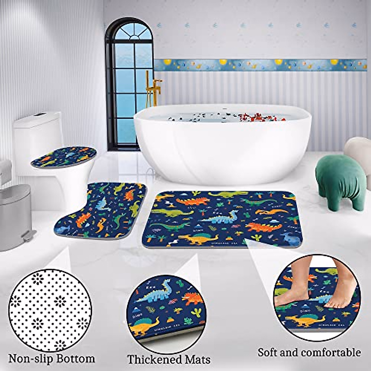Poedist 4 Pcs Bathroom Shower Curtain Set,Kid's Bathroom Set,Shower Curtain Sets with Rugs(Bath Mat,U Shape and Toilet Lid Cover Mat) and 12 Hooks,Dark Blue Cartoon Dinosaur