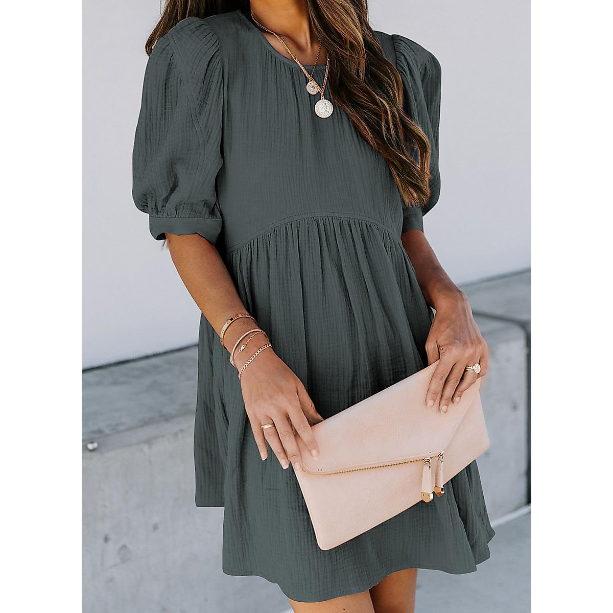 Dokotoo Womens Ladies Summer Sun Dress Spring Tunic Dress Round Neck Lantern Short Sleeve High Waist Pocketed Mini Short Shift Dress for Party Gray X-Large