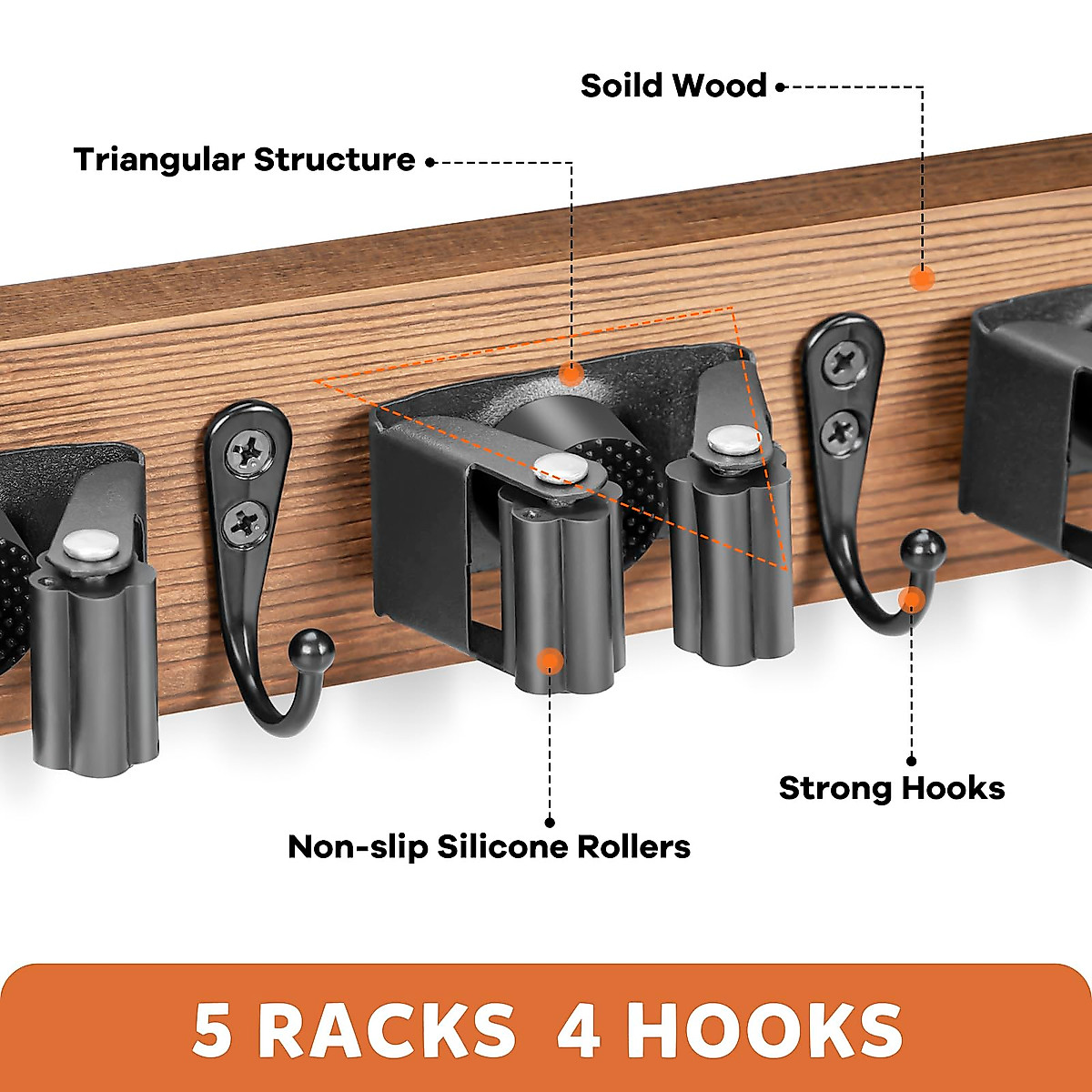 IMILLET Broom Holder Wall Mount, Wood Broom Holder with 5 Racks and 4 Hooks Broom Organizer, Laundry Room Organization and Storage, Mop Holder for Home Organization, Garden, Garage（2 Pack）