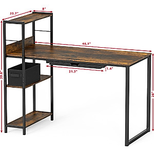 SHW 46-Inch Computer Desk with Adjustable Side Shelf and Drawer, 24" Deep, Rustic Brown