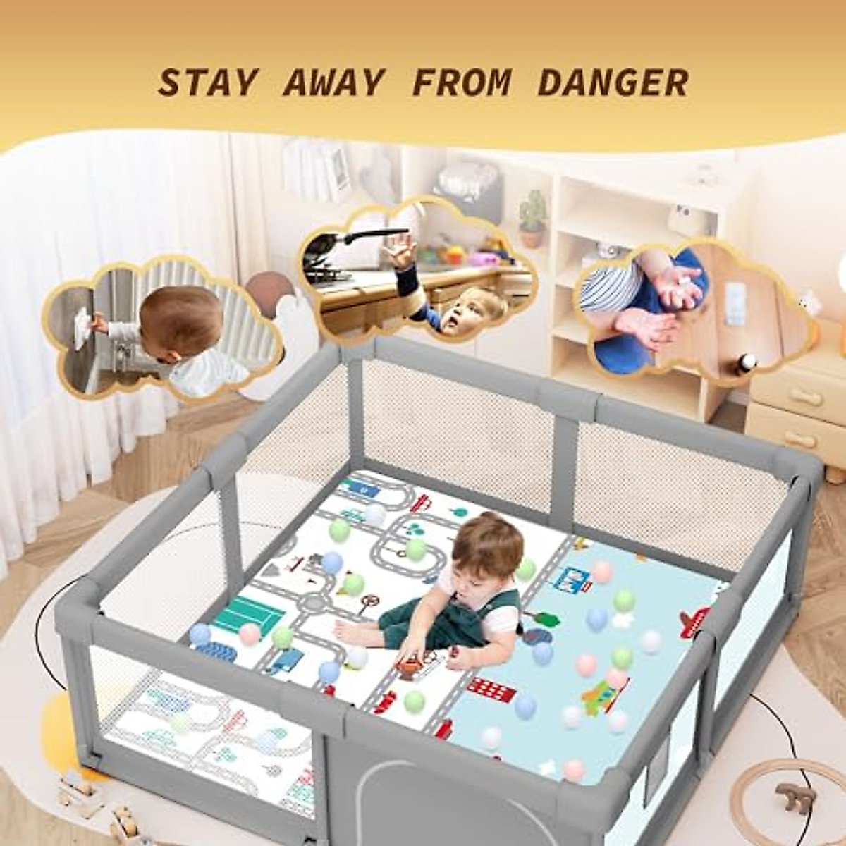 Baby Playpen Baby Playard, Playpen for Babies and Toddlers with Gate, 50x50 Baby Fence, Sturdy Safety Playpen, Indoor & Outdoor Kids Activity Center（with Mat）