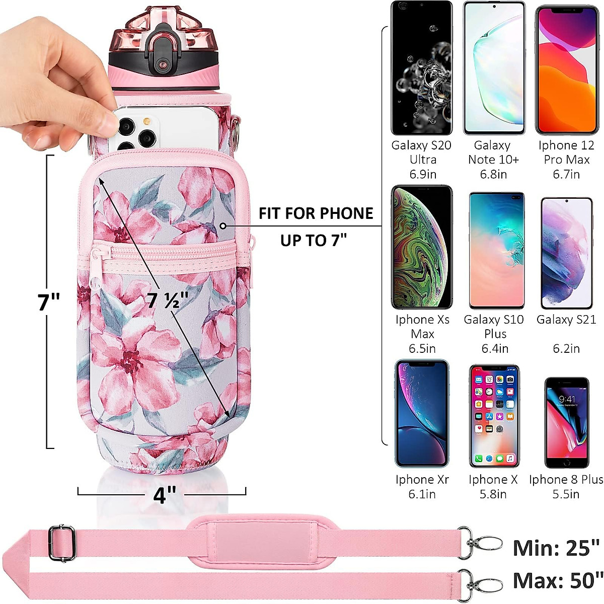 Fimibuke 32 oz Water Bottle with Sleeve - BPA Free Leakproof Sport Large 1L Plastic Motivational Water Bottle with Straw Strap Insulated Neoprene Holder Carrier Bag for Women Men (A4.Peach Blossom)