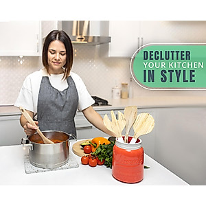 Comfify Wide Mouth Mason Jar Utensil Holder Decorative Kitchenware Organizer Crock, Chip Resistant Ceramic, Dishwasher Safe - Kitchen Caddy, Large Size 7" High - Coral