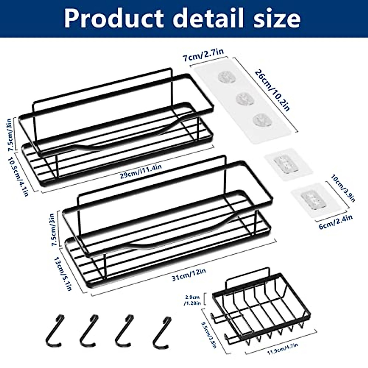 tundsot 3 Pack Bathroom Shower Shelves Shower Caddy, Shower Shelves, Adhesive Shower Organizer No Drilling,With 4 Hooks, Shower Shelves for Inside Shower (black)