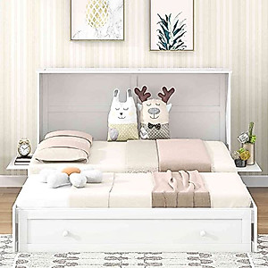 Cotoala Queen Size Mobile Murphy Bed with Storage Drawer, Wood Bedframe w/Little Shelves on Each Side, Can Convert to Cabinet for Guest Room Home Office