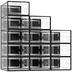 SEE SPRING X-Large Shoe Storage Box Fit Size 11, Clear Plastic Stackable Shoe Organizer for Closet, Space Saving Foldable Shoe Rack Sneaker Container Bin Holder, 12 Pack Black