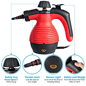 Goplus Handheld Pressurized Steam Cleaner with 9 Piece Accessories, Multipurpose Steamer w/Safety Lock for Carpet Curtain Car Seat, 1050W Portable Upholstery Steamer for Home Kitchen Bathroom(Red)