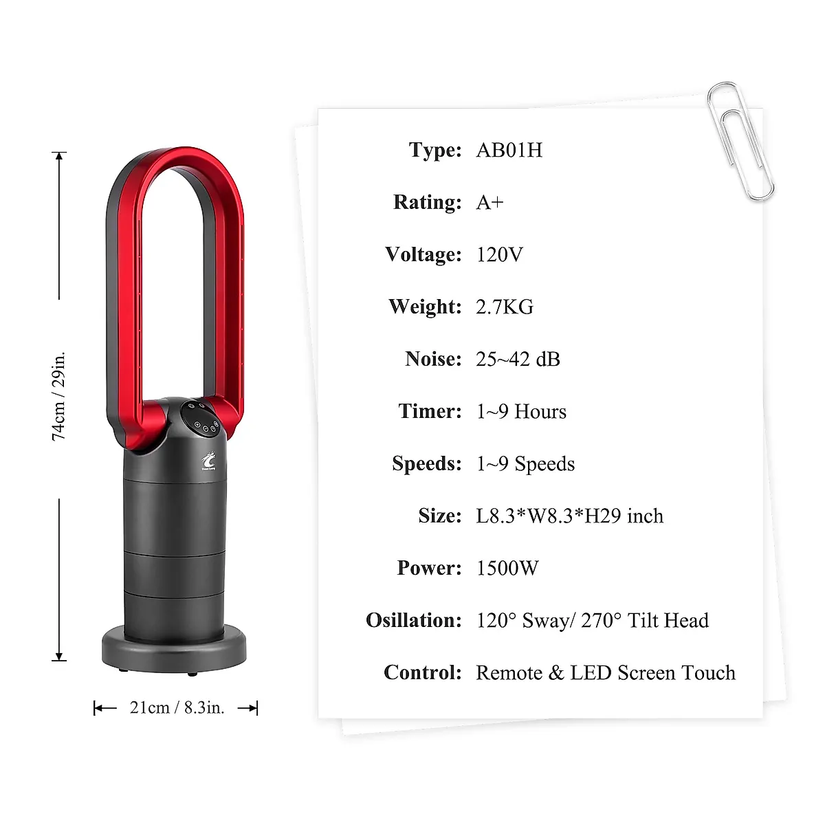 OceanLoong Space Heater & Bladeless Tower Fan All Season for Home, 1500W Eco Electric Heater with Adjustable Thermostat, Tip-Over Switch, Remote Control, Timer, Oscillating, Tilt Head, 29” Red, AB01