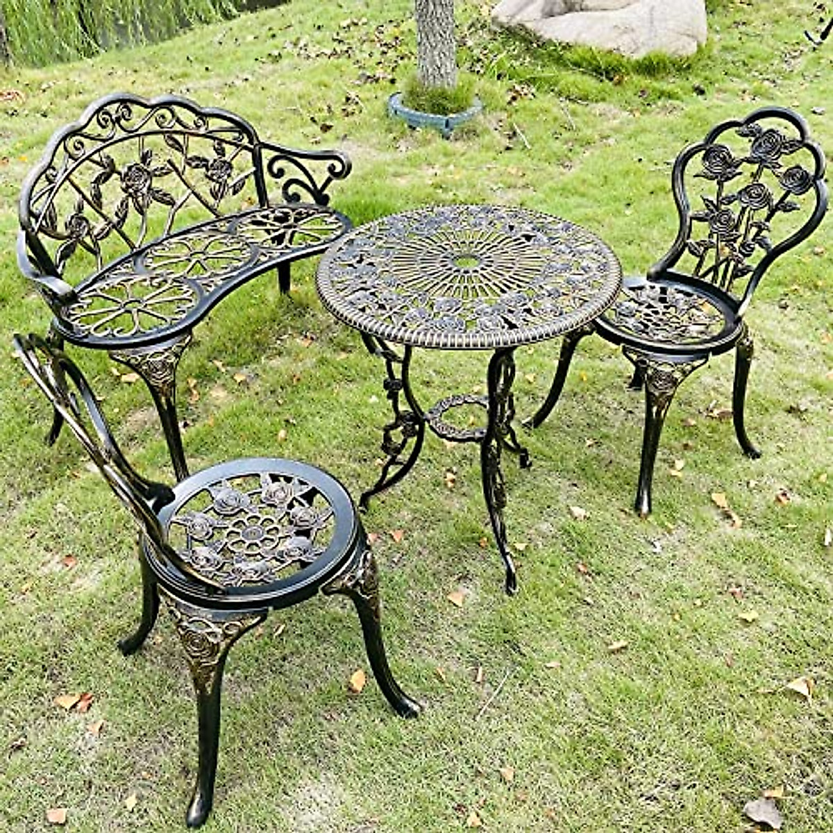 KAI LI 4-Piece Balcony Tables and Chairs, 1 Table, 2 Round Chairs and 1 Bench, Metal cast Aluminum, Bistro Suit, Garden Bench, Rose Pattern (Bronzed)