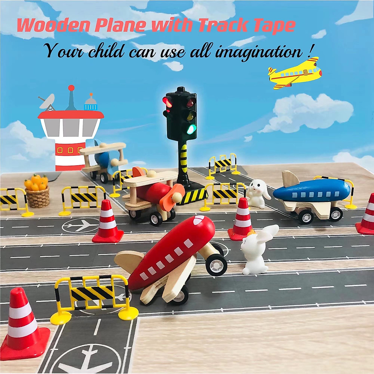 Lecelzie Wooden Toys Toddler Airplanes Toys with Road Track Tape Activities Fine Motor Skills Mini Wooden Airplane Toys for 1-2-3-4 Year Old Boys Girls Kids Party Favors Gift Push and Pull Plane Toys