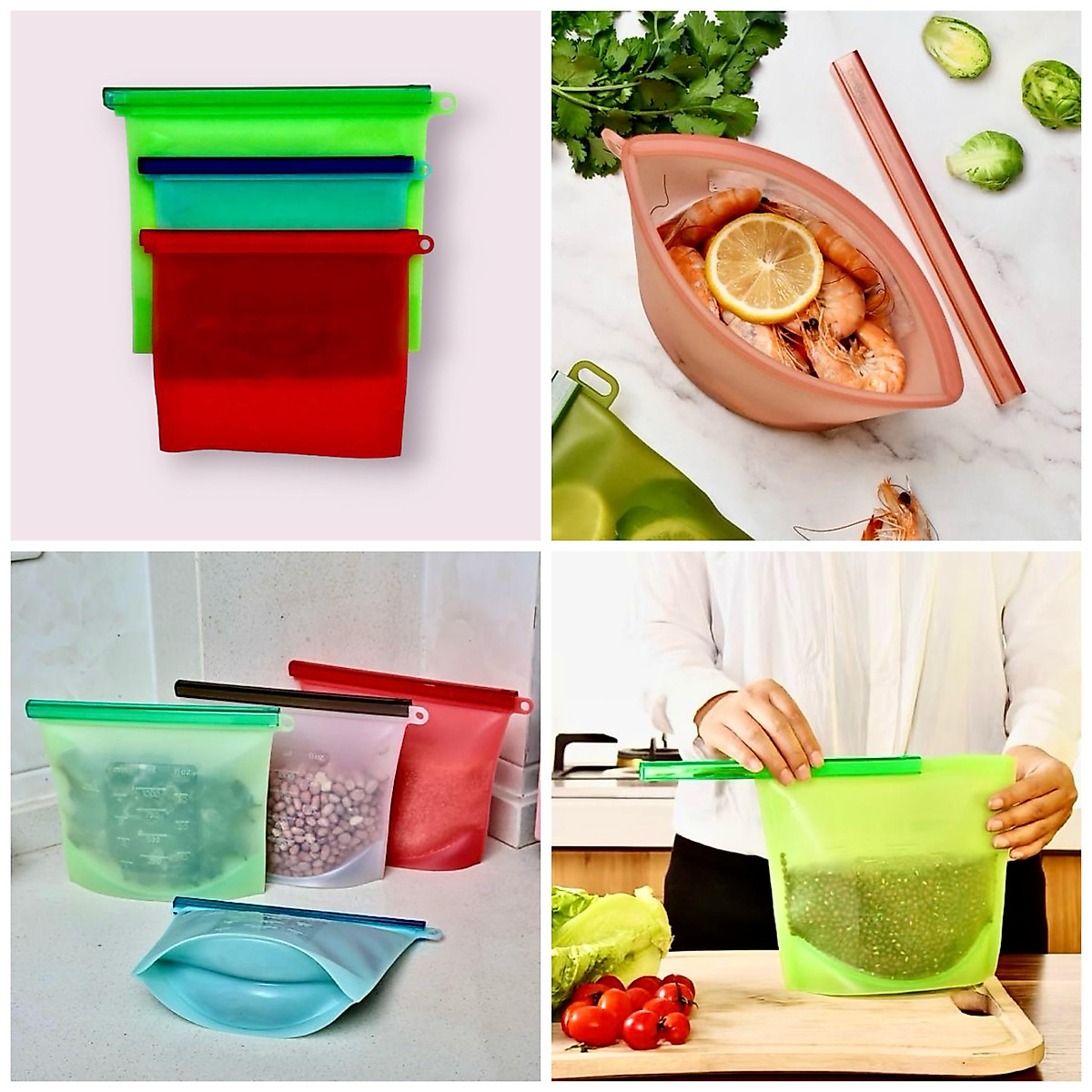 Eco-Friendly Reusable Silicone Food Bags (Set of 3) – BPA Free, Leakproof, Freezer & Microwave Safe, Dishwasher Safe, Multipurpose Storage for Snacks, Meals, and Organizing