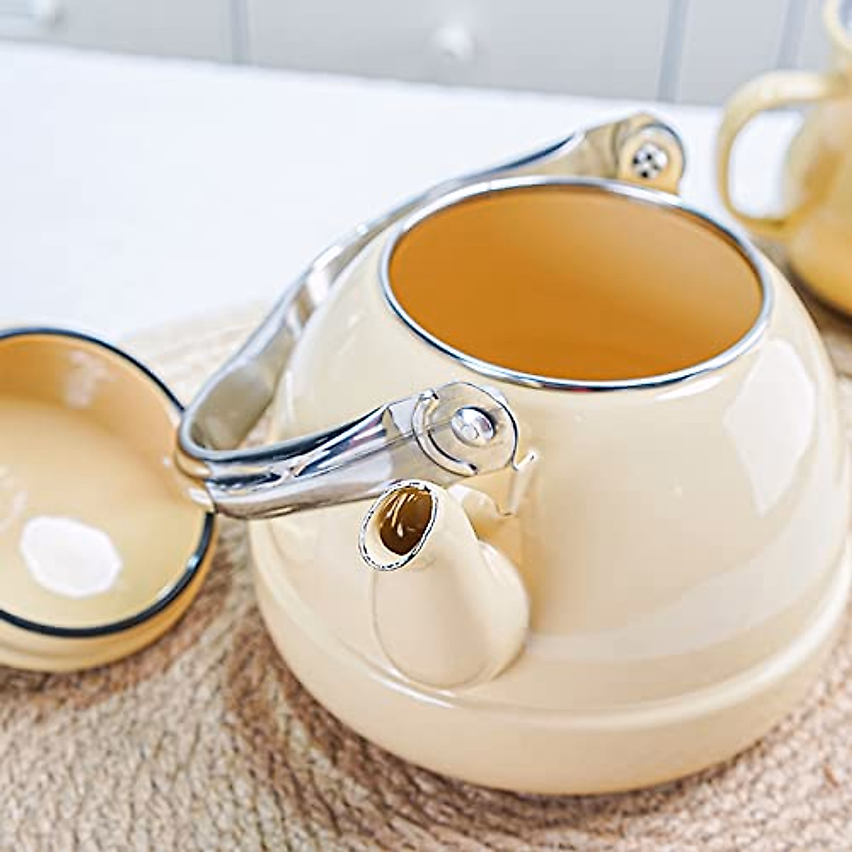 MIPODS Enamel Tea Kettle for Stovetop, 1.5L Enamel Teapot Coffee Pot with Metal Anti-Scald Handle, Hot Water Kettle Pot for Kitchen Gas Stove Top