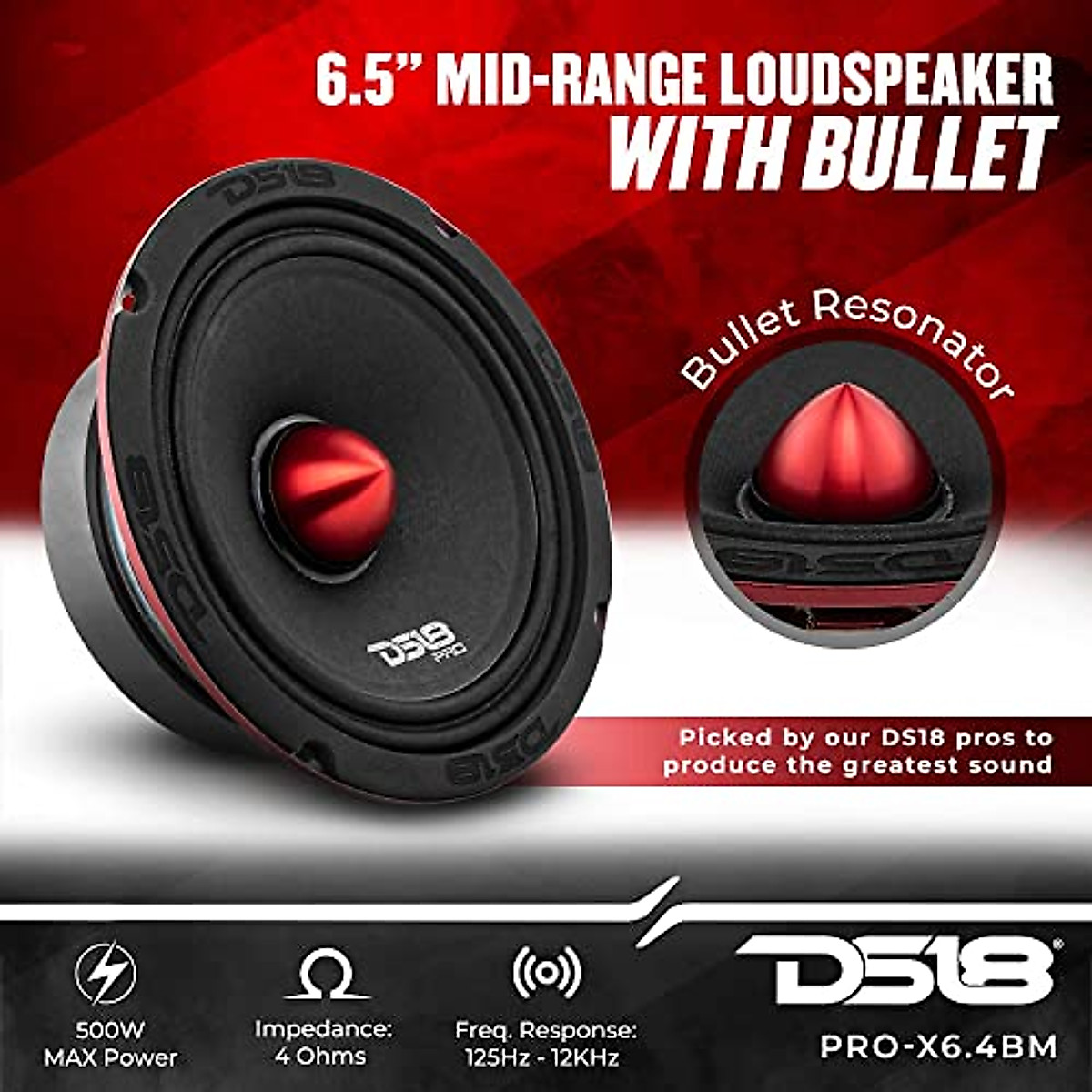 DS18 PRO-X6.4BMPK Mid and High Complete Package - Includes 2X Midrange Loudspeaker 6.5" and 2X Aluminum Super Bullet Tweeter 1" Built in Crossover - Door Speakers for Car or Truck Stereo Sound System