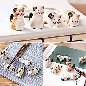 5 Pairs Chopsticks and Chopstick Rest Set, Cute Lucky Cat Chopsticks Holder 6 Cats, Chopsticks Holder Gift Set, Classic Japanese Style Bamboo Natural Reusable Chopsticks, Dishwasher - Safe