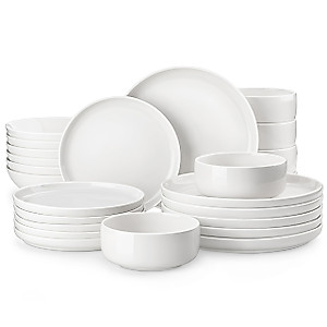 MALACASA Plates and Bowls Sets, 24 Pieces Modern Porcelain Dinnerware Set for 6 Ceramic Dishware Dishes White Kitchen Dinner Dining Ware Set Microwave and Dishwasher Safe, Series LUNA