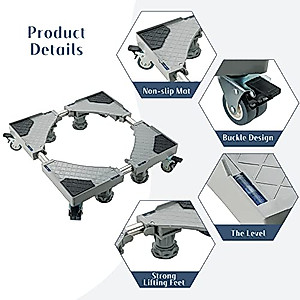 MYFULLY Adjustable Movable Furniture Dolly Roller Base with 4×2 Locking Rubber Swivel Wheels and 4 Strong Feet, Multi-Functional Mobile Stand for Dryer, Washing Machine and Refrigerator (Grey)