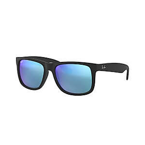 Ray-Ban RB4165 Justin Rectangular Sunglasses, Rubber Black/Blue Flash, 55 mm
