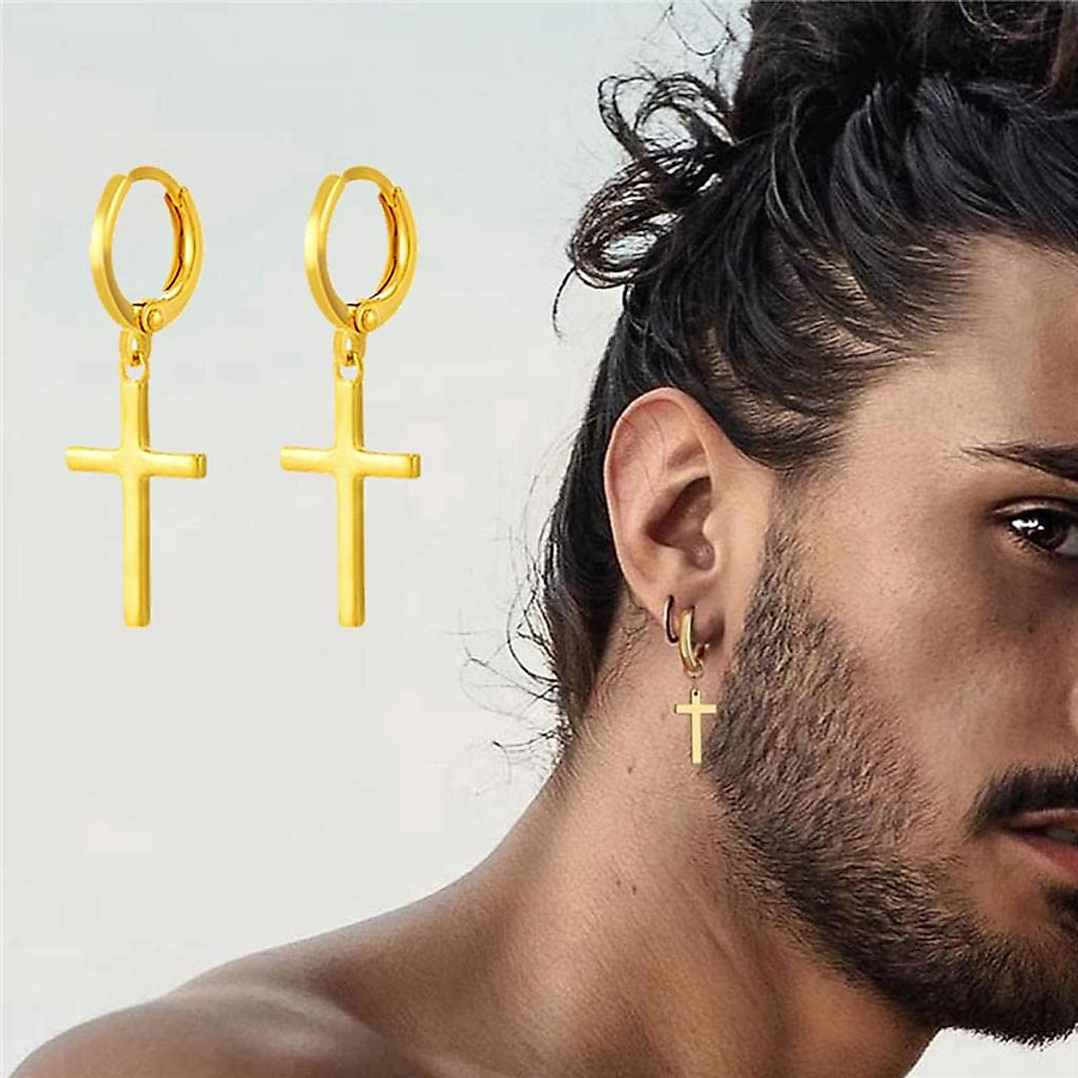 Mens Cross Earrings 24k Yellow Gold Plated Hoop with Snap Closure