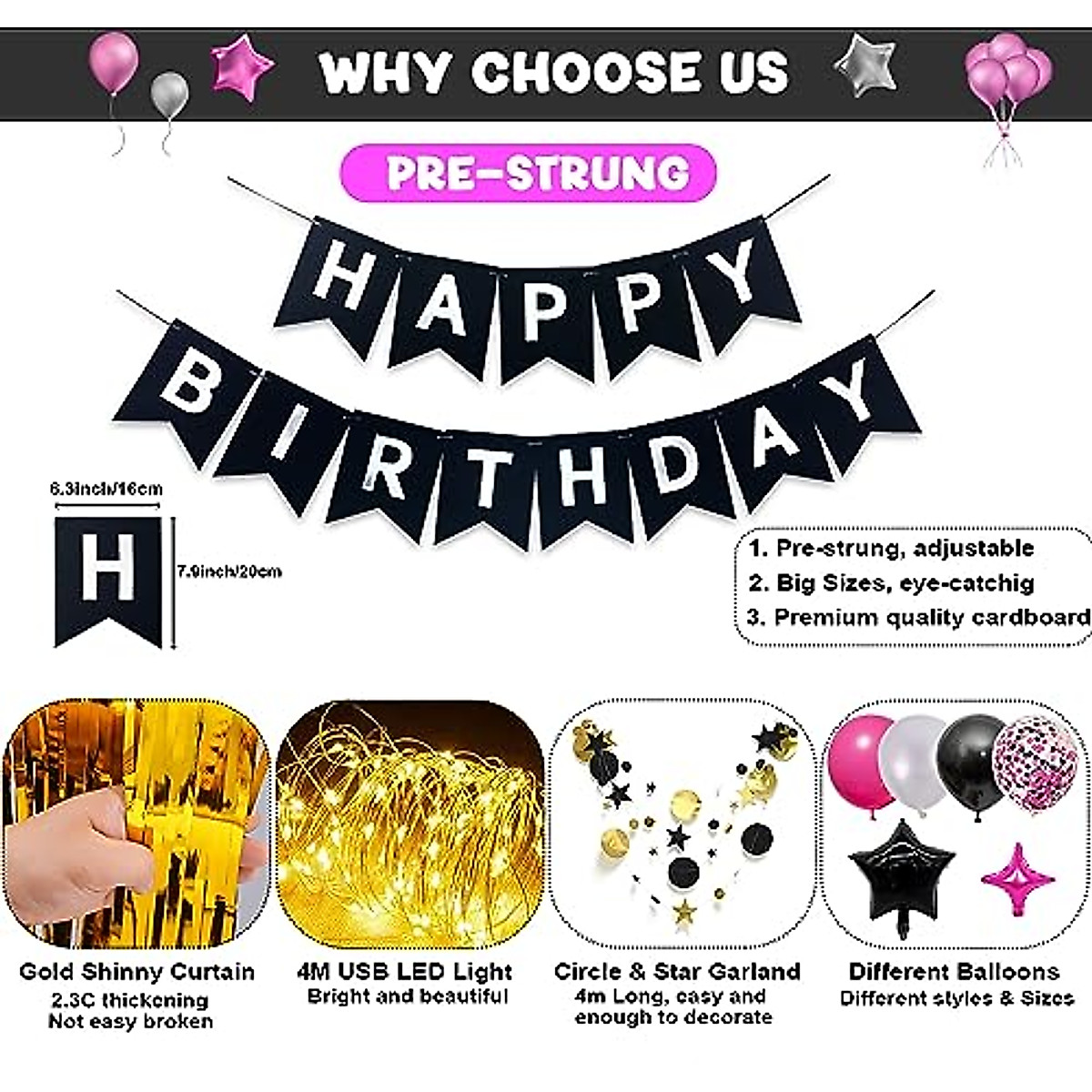 Black and Hot Pink Birthday Decorations, Happy Birthday Decorations,Happy Birthday Banner with LED light Gold Metallic Tinsel Foil Fringe Curtains Stars Confetti Balloon Birthday Decorations for Women Girls Boys Men