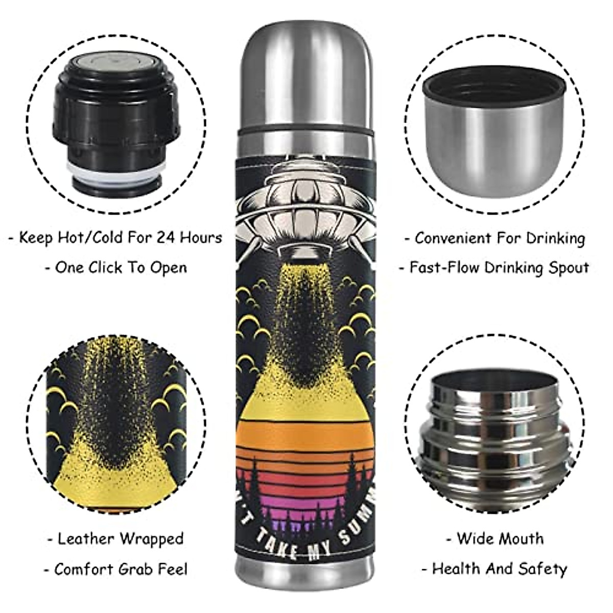 Water Bottle Ufo Sunset Retro Mug 16Oz Stainless Steel Insulated Tumbler Coffee Mug Travel Vacuum Cup 10.2x2.6 in