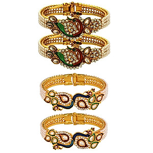 Efulgenz Fashion Jewelry Indian Bollywood Faux Pearl Kundan Rhinestone Peacock Bracelet Bangle (2 Pc) Multicolor