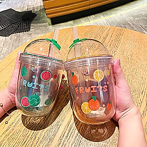 NCDUANSAN Kawaii Double Straw Cup Plastic Thickened Juice Cup Cute Girl Strawberry Watermelon Cup(Strawberry,400ml)