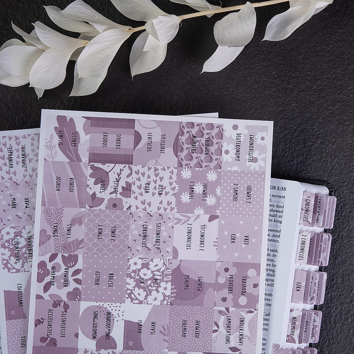 DIVERSEBEE Laminated Bible Tabs (Large Print, Easy to Apply), Bible Study Journaling Supplies, 77 Bible Index Book Tabs for Women, Bible Accessories, Includes 11 Blank Tabs - Amethyst Theme