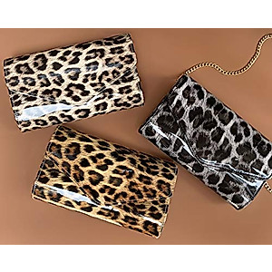 HOXIS Leopard Evening Handbag Women Envelope Clutch Patent Leather Glossy Purse with Shoulder Chain Strap (Brown Leopard)
