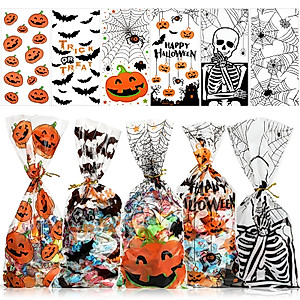 Zonon 180 Pieces Halloween Cellophane Treat Bags Halloween Candy Wrappers Pumpkin Skull Bat Presents Bags Transparent Candy Bag with 200 Pieces Ties for Halloween Party Favors