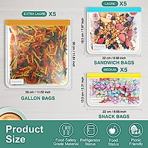 Reusable Food Storage Bags-15 Pack BPA FREE Extra Thick Freezer Bags，5 Leakproof Reusable Gallon Bags，5 Reusable Sandwich Bags，5 Reusable Snack Bags For Kids, Lunch Bags For Meat Fruit Cereal Veggies