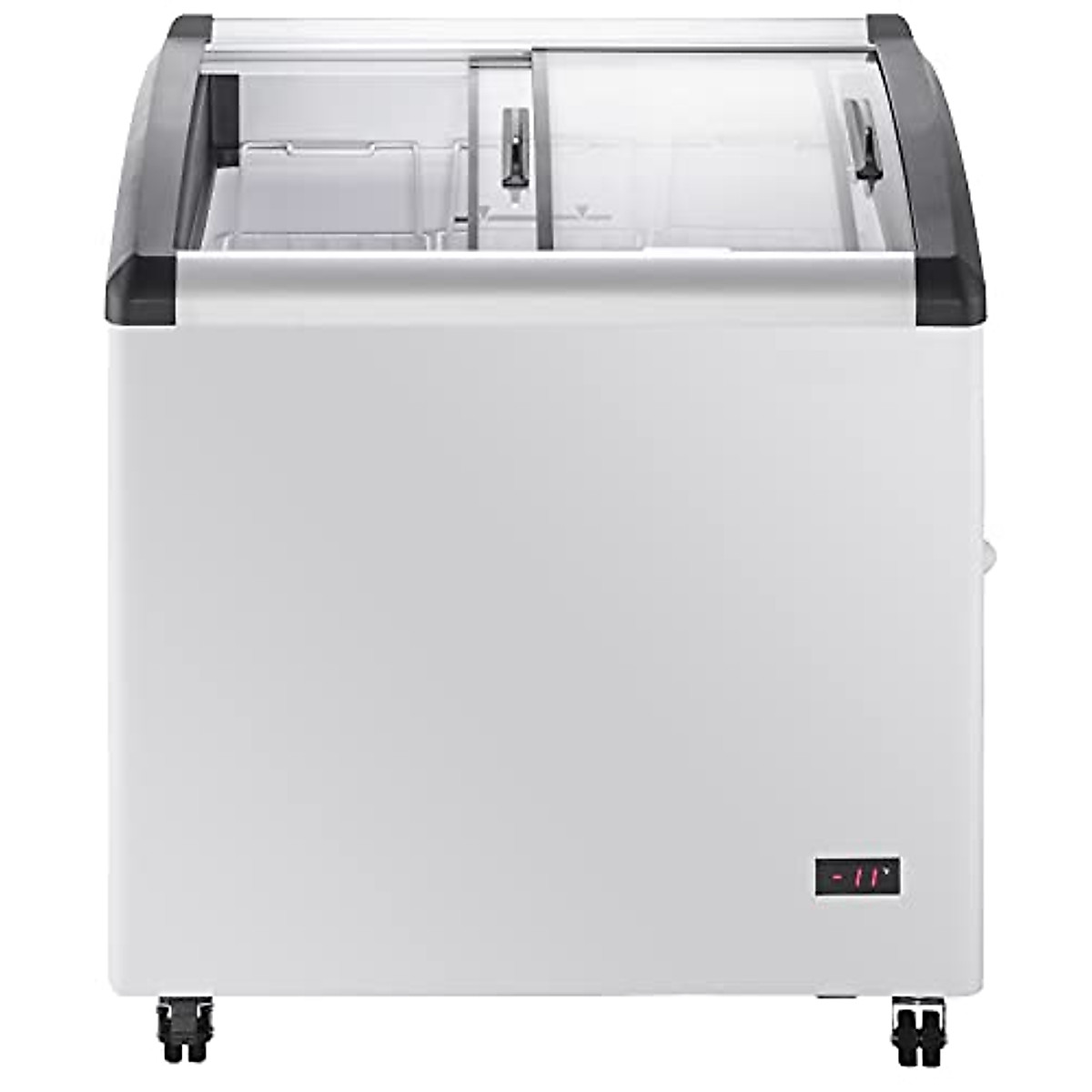 Duura Commercial Mobile Ice Cream Display Chest Freezer Sub Zero Temp Curved Glass Top Frost Free Lid with 3 Wire Baskets, 31.5 Inch Wide 4.87 Cubic Feet, White