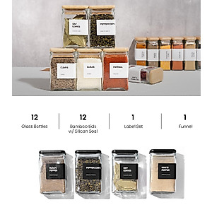 Glass Spice Jars with Labels - 4oz Glass Jars with Bamboo Lids, Square Spice Jars with Labels, Empty Spice Bottles for Seasoning Organizer, Spice Drawer Organizer and Kitchen Storage, 12 Pack, White