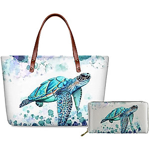 Wideasale Women's Handbag Wallet 2Pcs Set,Sea Turtle Roomy Shoulder Bag Ladies Zip Purse Fashion Tote Portable Casual Top Handle Bag