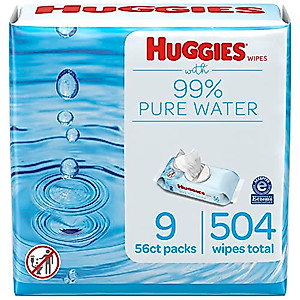 Huggies 99% Pure Water Baby Wipes, Unscented, 9 flip-top packs (504 Wipes Total)